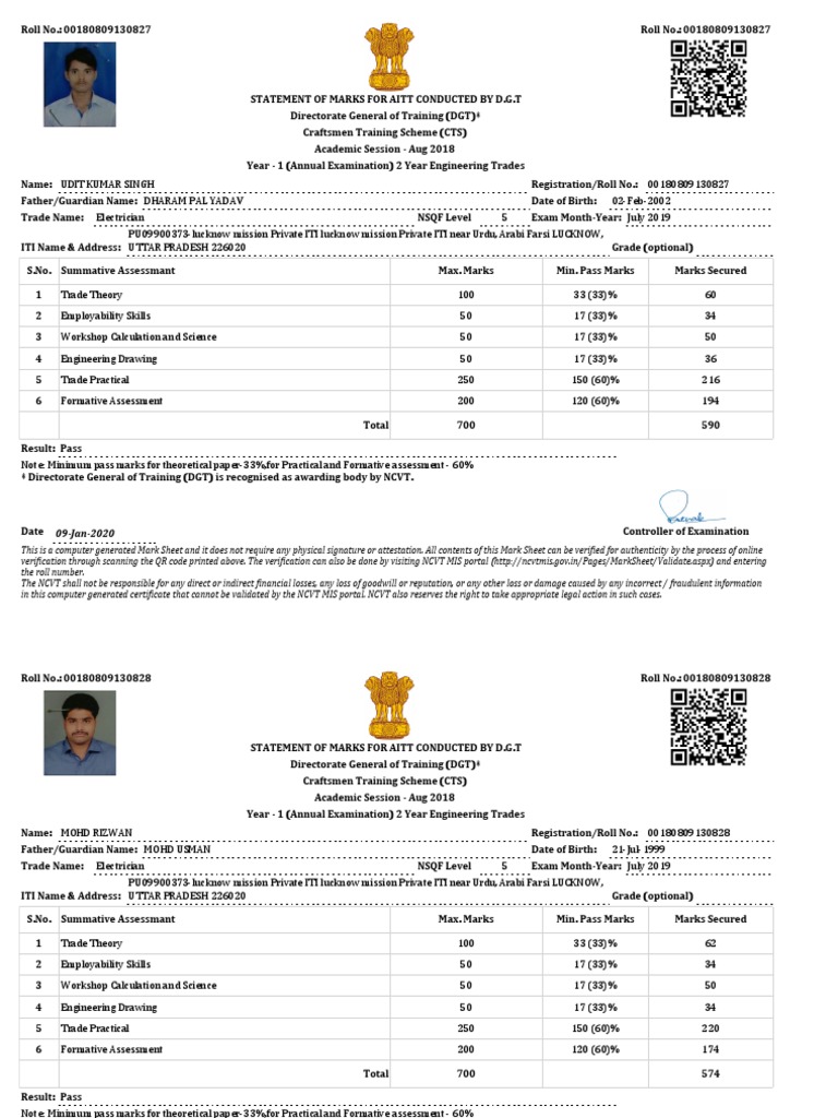 ITI Marks Statements for 3 Students | PDF | Authentication ...