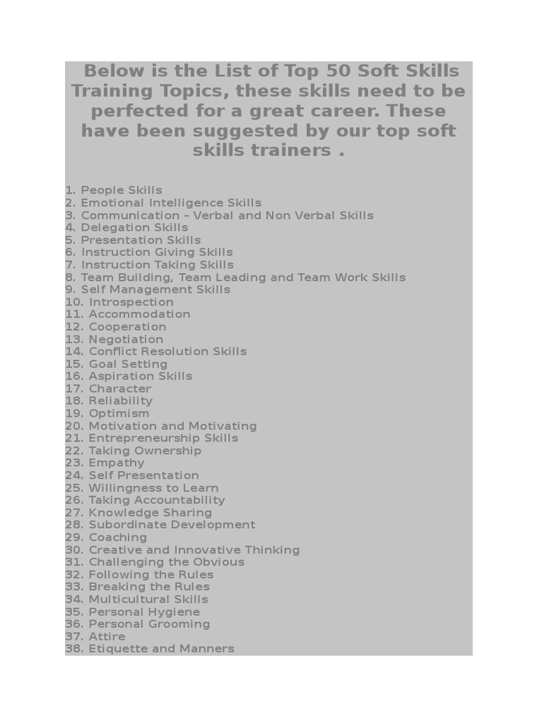 Below Is The List of Top 50 Soft Skills Training Topics | PDF