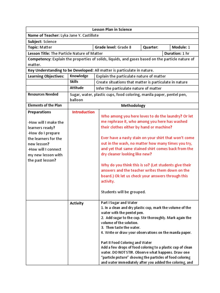 Lesson Plan Matter | PDF | Matter | Particle