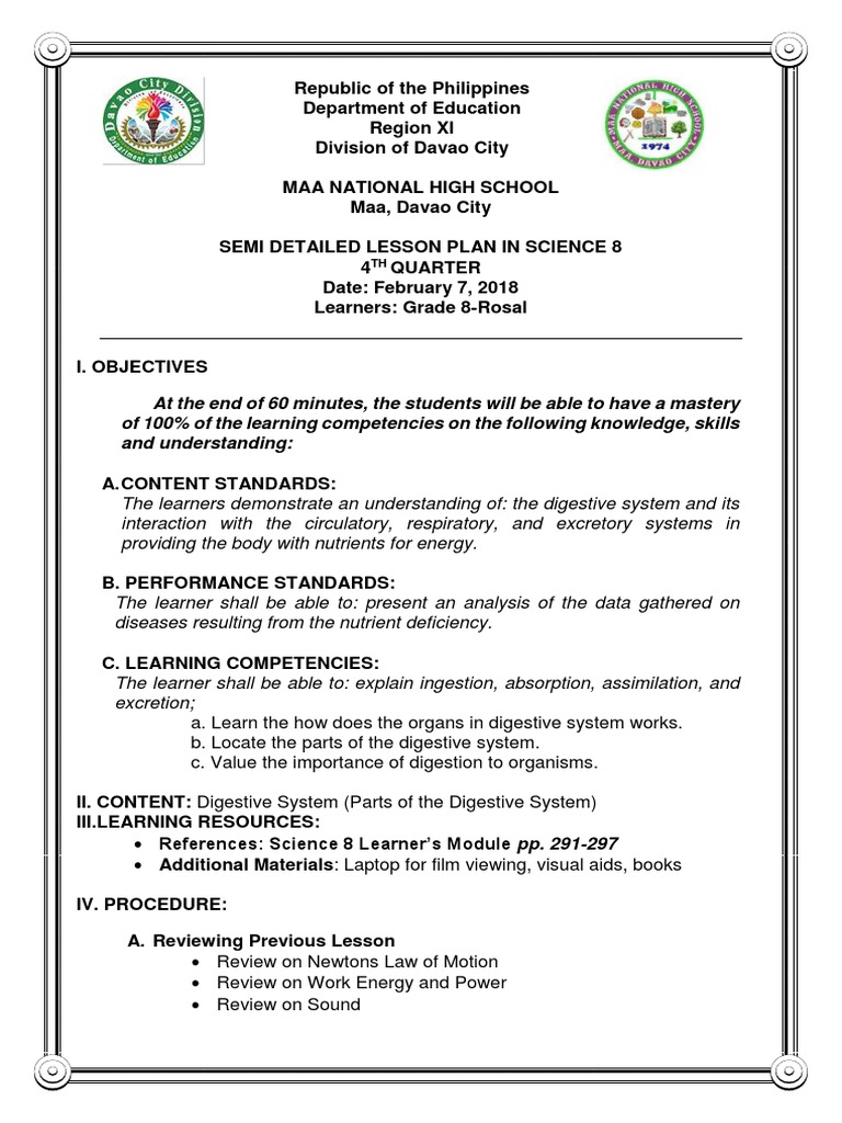 Semi Detailed Lesson Plan in Digestive System | PDF | Lesson Plan ...