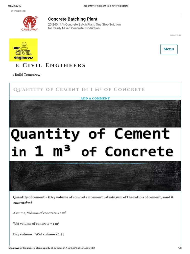 How Much Cement Is Needed For 1 Cubic Meter Of Concrete | PDF ...