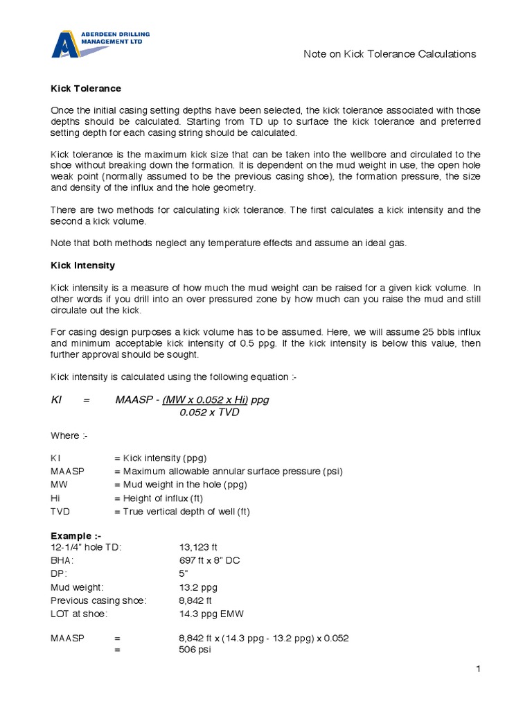 Note On Kick Tolerance | PDF | Casing (Borehole) | Barrel (Unit)