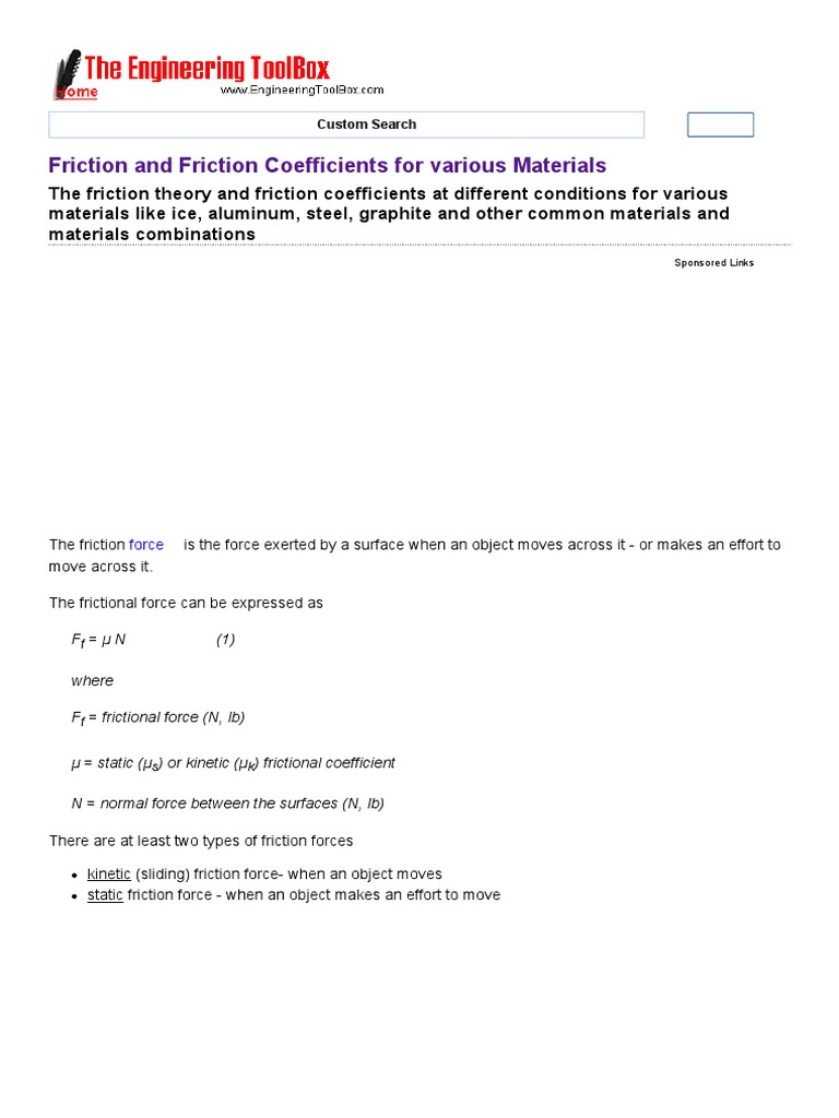 Friction and Friction Coefficients For Various Materials | PDF ...