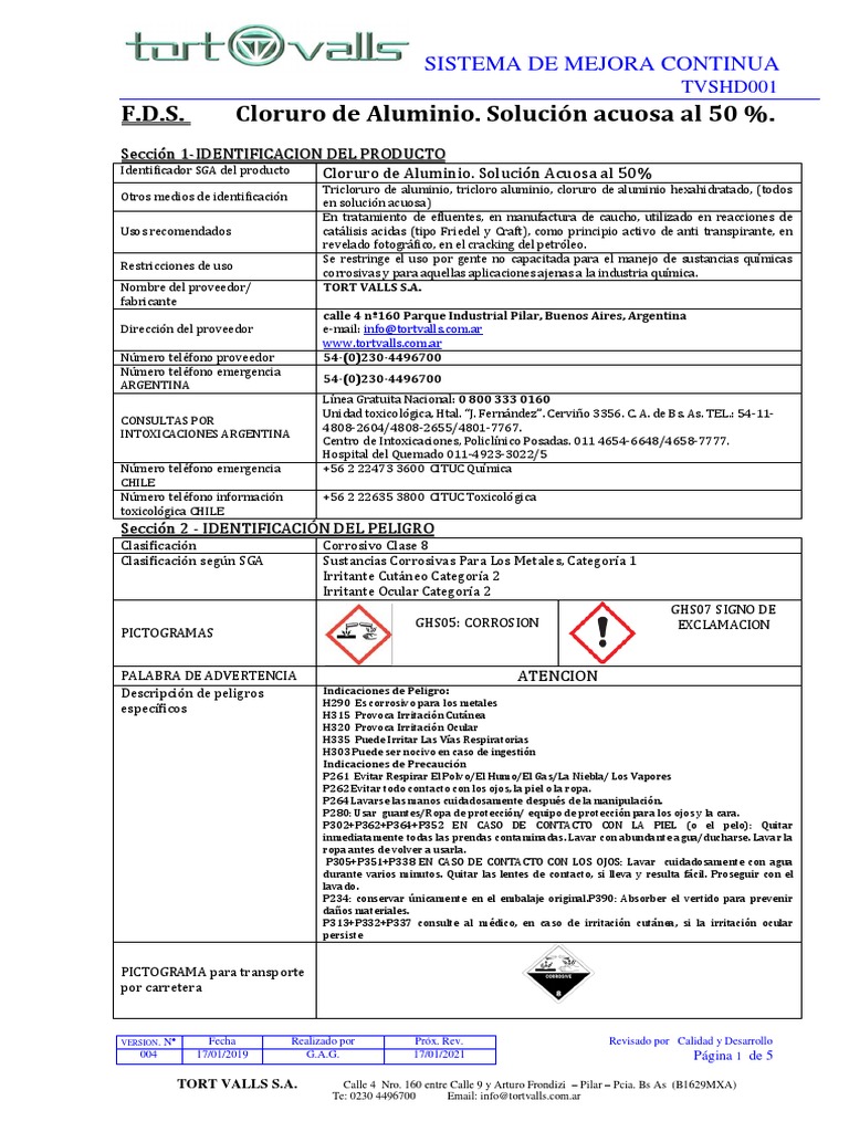 TVSHD001 Cloruro de Aluminio Hexahidratado FDS - SGA PDF | PDF ...