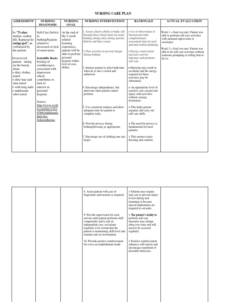 Nursing Care Plan for Self-Care Deficit | PDF | Hygiene | Nursing