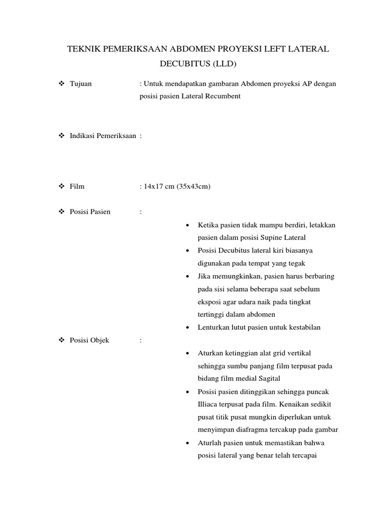 Teknik Pemeriksaan Abdomen Proyeksi Left Lateral Decubitus | PDF