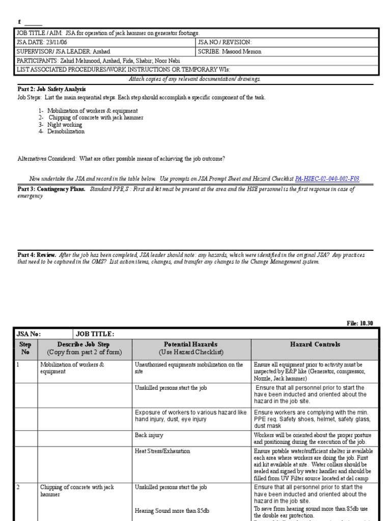 JSa For Operation of Jack Hammering | PDF | Personal Protective ...