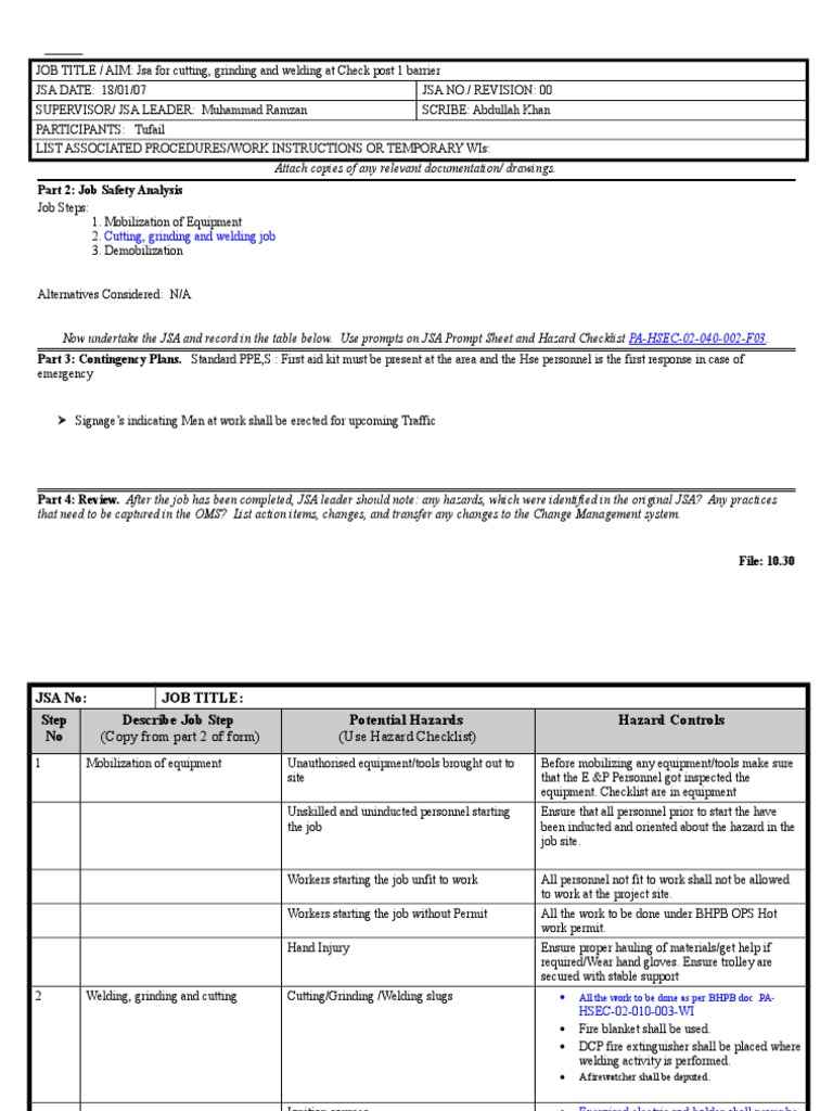 JSA For Cutting, Grinding and Welding | PDF | Welding | Construction