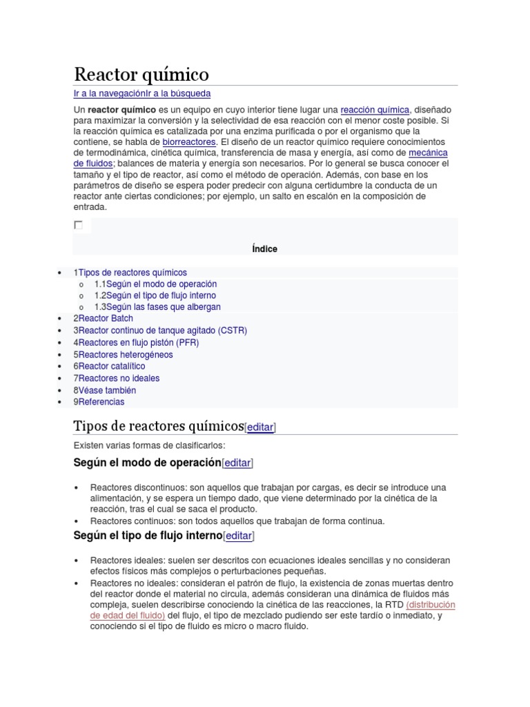 Tipos de Reactores | PDF | Reactor Quimico | Mecánica de Medios Continuos