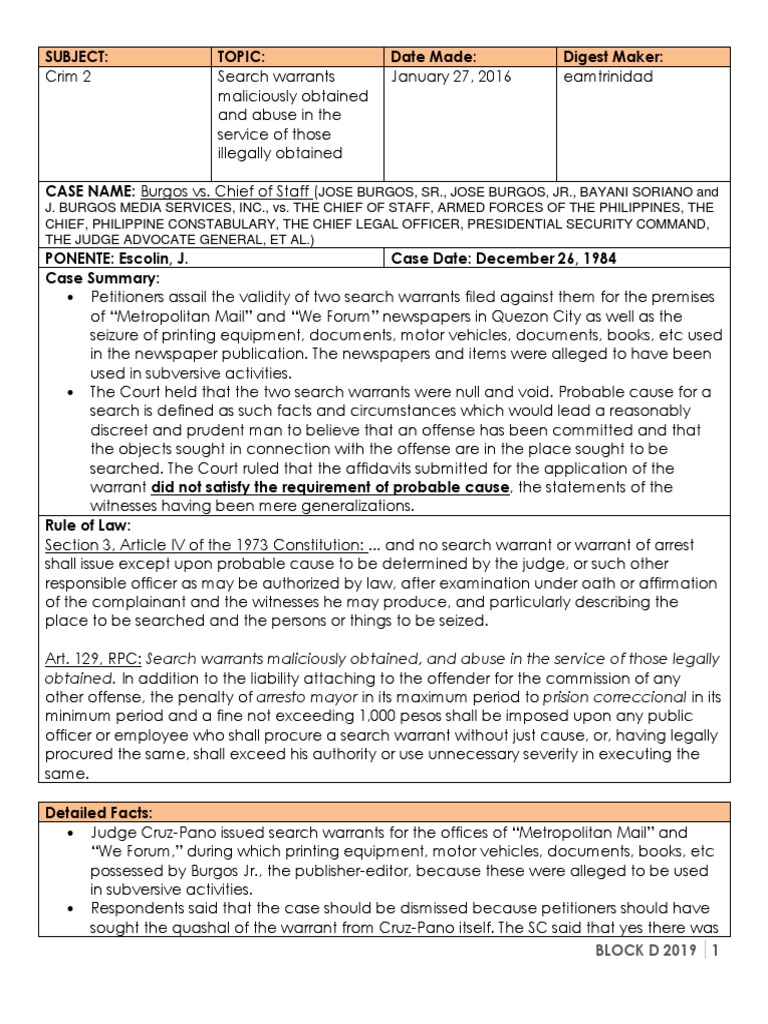 Burgos Vs Chief of Staff Digest | PDF | Search And Seizure | Probable Cause