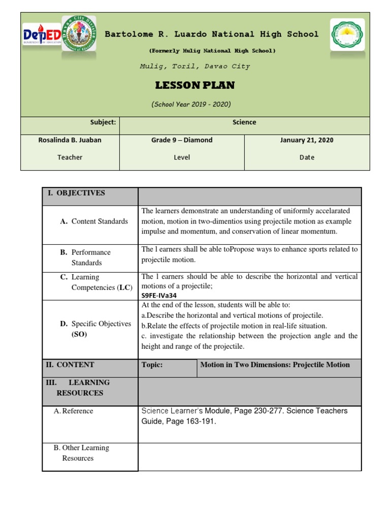 Grade 9 Projectile Motion Lesson Plan | PDF | Projectiles | Acceleration