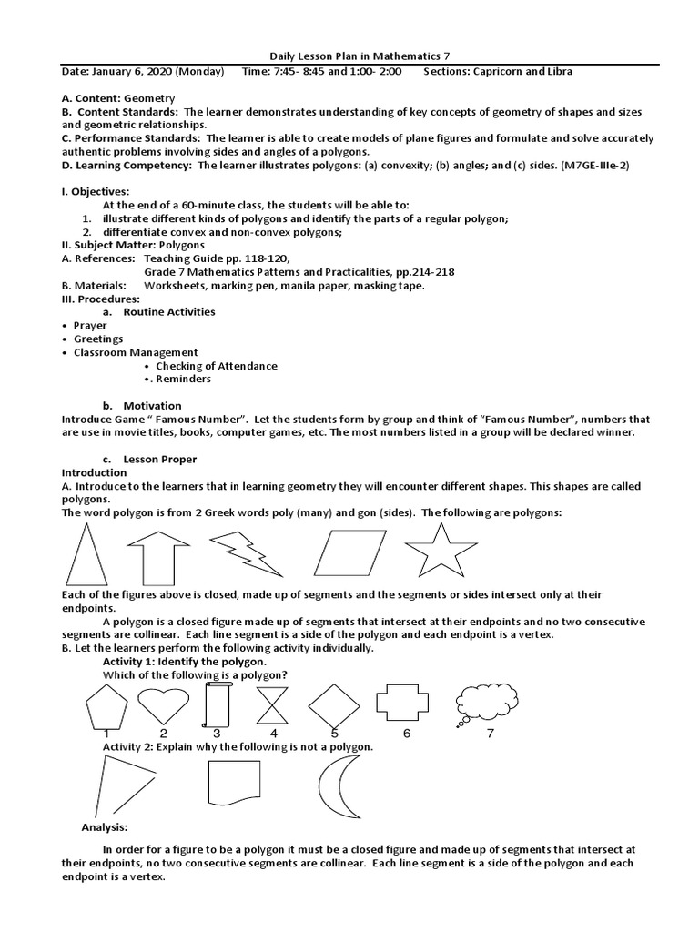 Grade 7 Polygons Lesson Plan | PDF | Polygon | Geometry