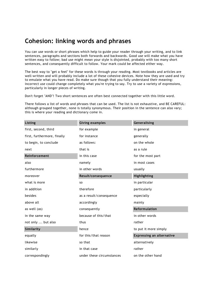 Cohesion - Linking Words and Phrases | Phrase | Sentence (Linguistics)