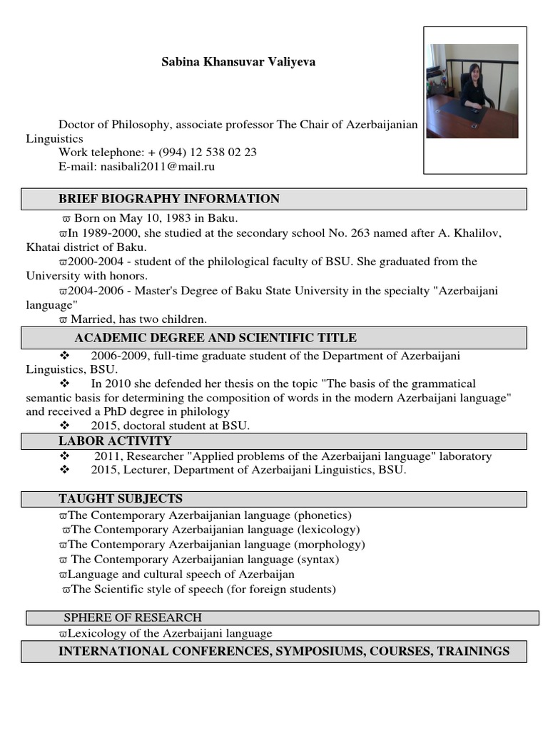Sabina Valiyeva Ing CV - 1 | PDF | Doctor Of Philosophy | Azerbaijan