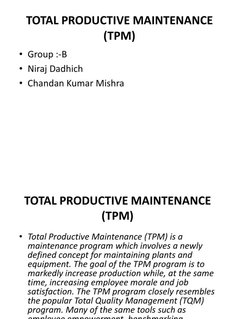 Presentation Total Productive Maintenance (TPM) | PDF | Reliability Engineering | Economies