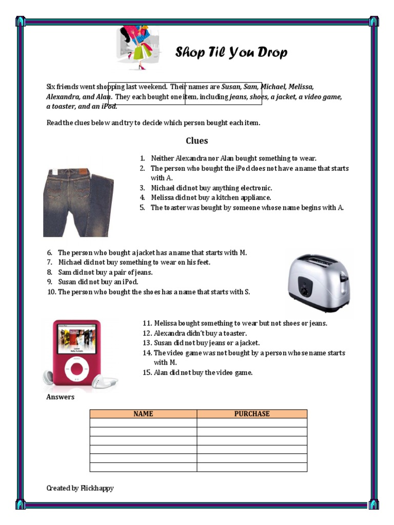 Shopping Puzzle: Who Bought What? | PDF | Leisure