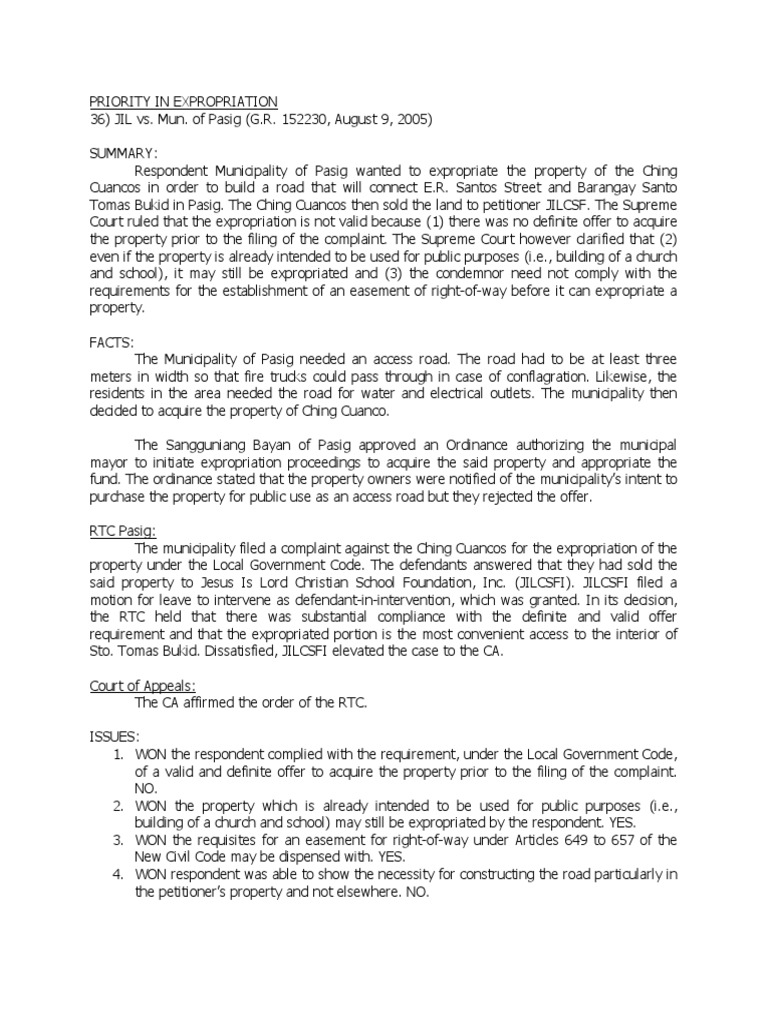 Expropriation Case: JIL vs. Pasig | PDF | Easement | Complaint