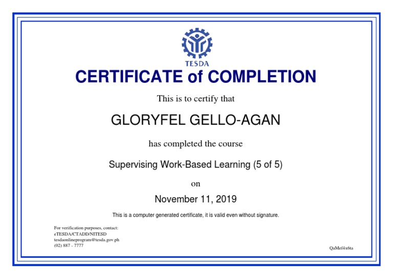 Supervising Work-Based Learning - Certificate of Completion-1 | PDF