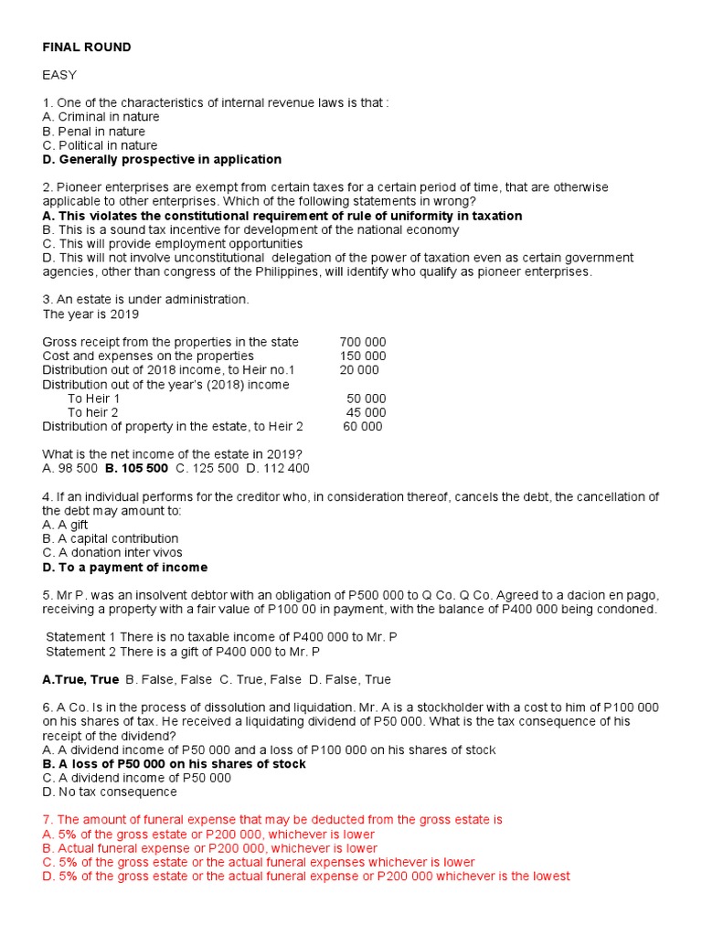 Tax Law Review Questions Covering a Wide Range of Taxation Topics | PDF ...