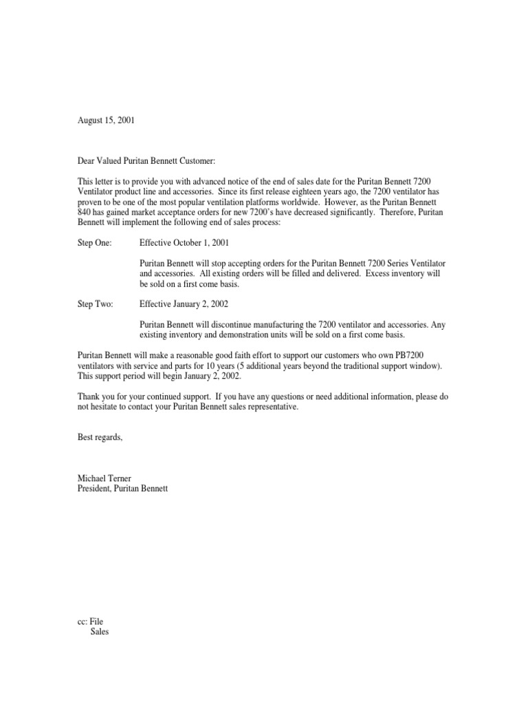 Puritan Bennett 7200 Bennet End of Life Letter