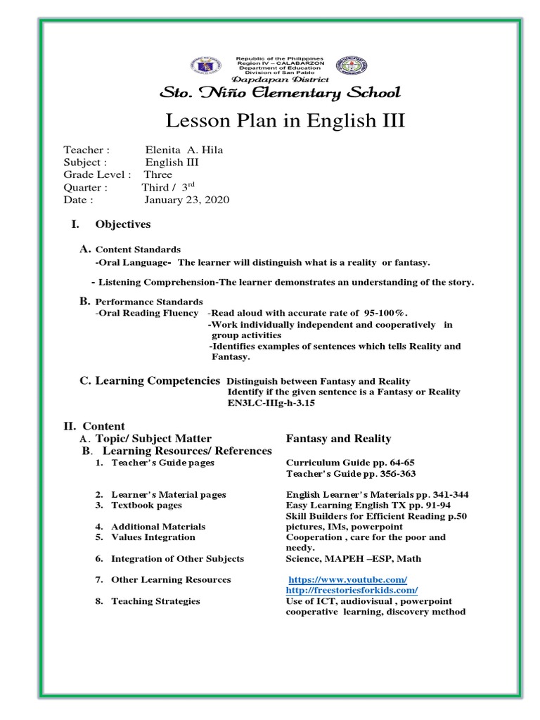 Detailed lesson plan REALITY VS. FANTASY COT | Lesson Plan | Teachers