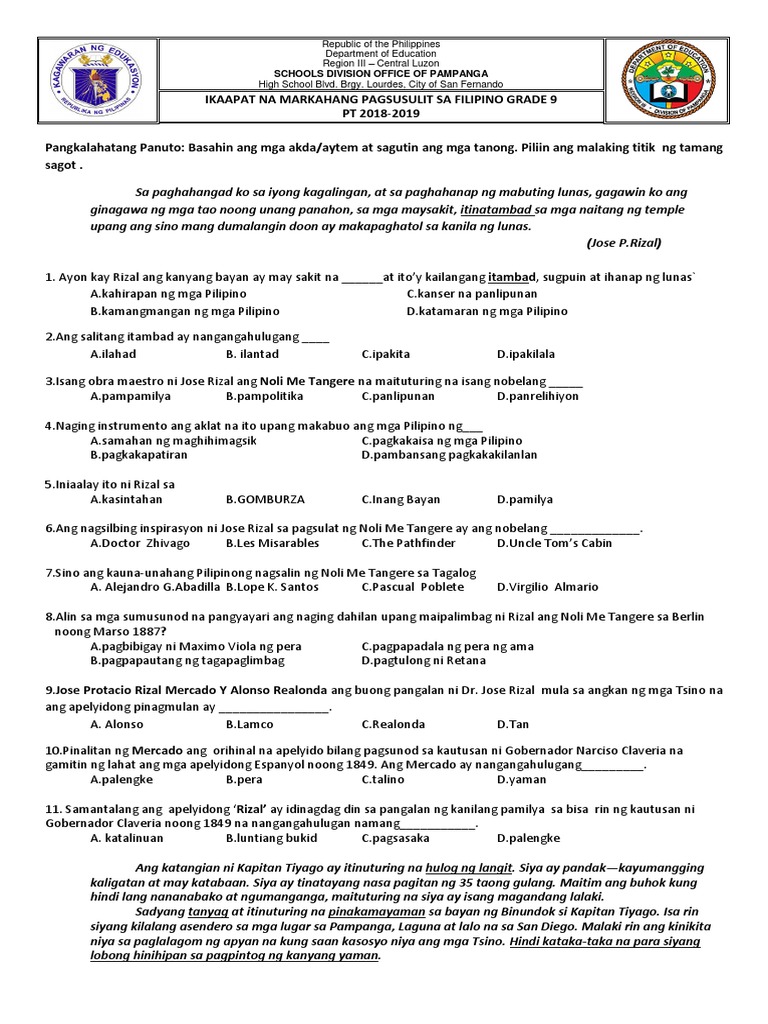 FILIPINO-9 4th Grading Periodical Test | PDF