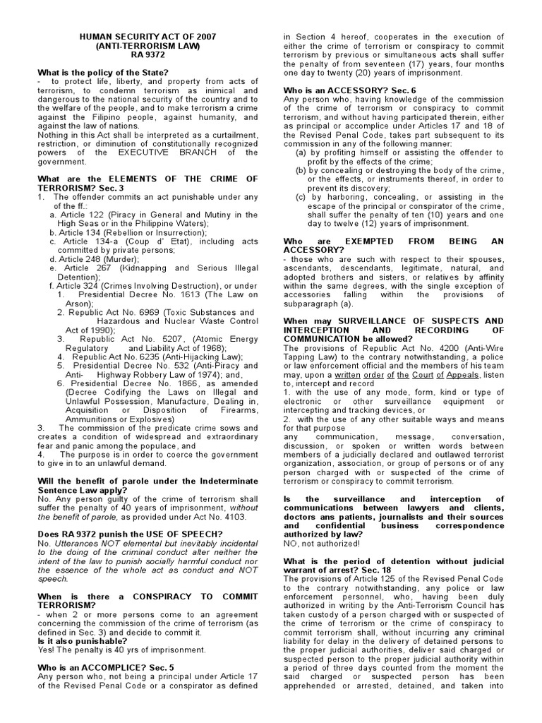 Ra 9372 Human Security Act | PDF | Arrest | Bail