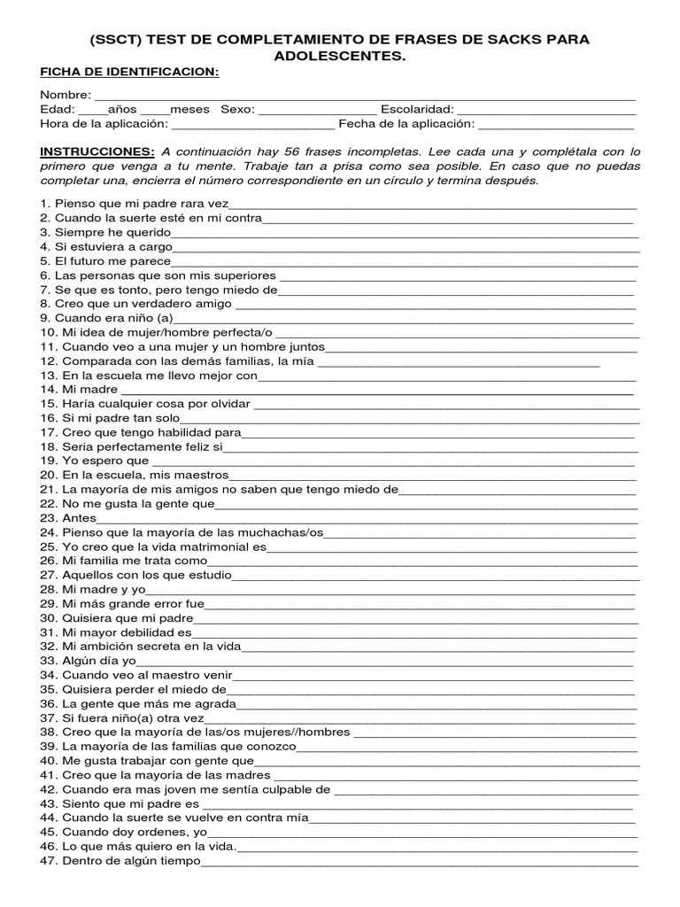 Test de Sacks para Adolescentes PDF | PDF | Sicología