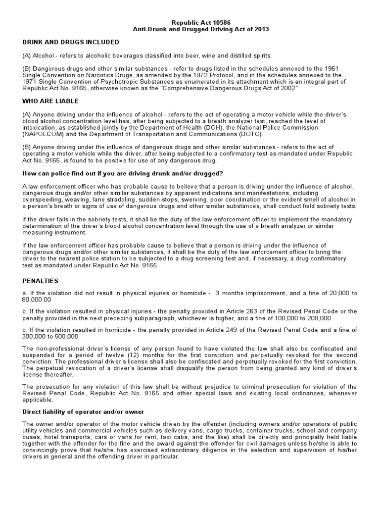RA 10586 Reviewer | PDF | Driving Under The Influence | Alcoholic Drinks