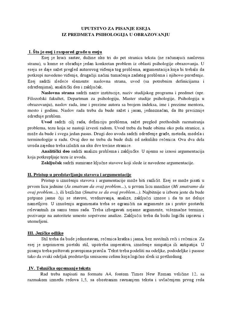 Uputstvo Za Izradu Eseja | PDF
