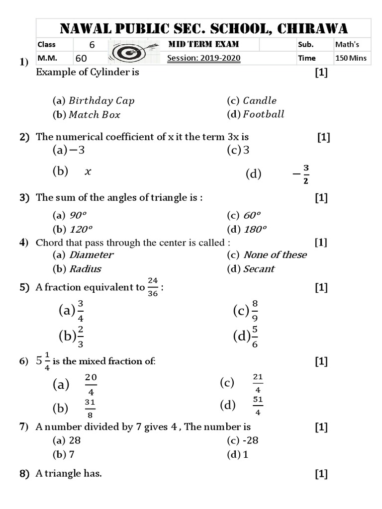 Mid Term Class 6 Maths Paper | PDF | Circle | Angle