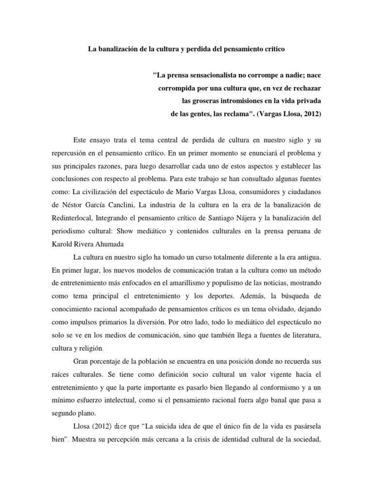 La Banalizacion de La Cultura y El Pensamiento Critico Ensayo | PDF ... La Banalizacion de La Cultura y El Pensamiento Critico Ensayo | PDF ...