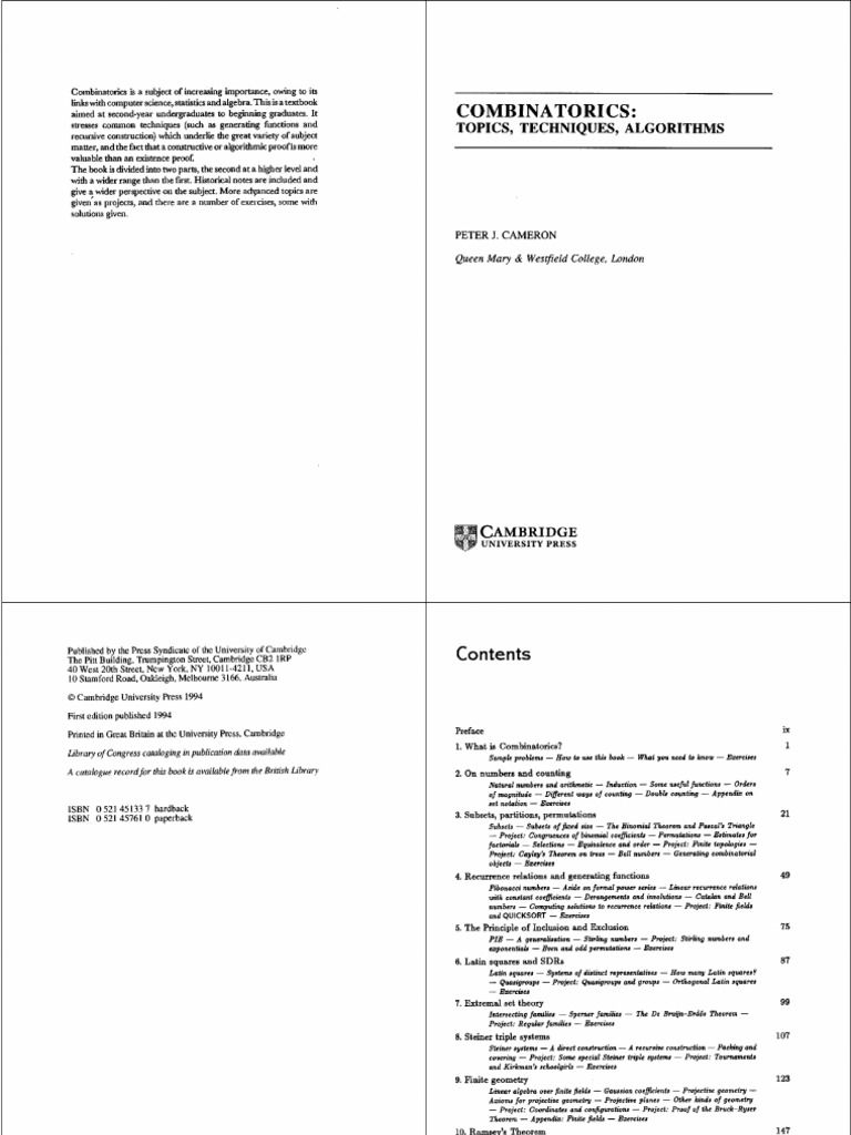 Combinatorics - Topics, Techniques, Algorithms (Cameron 1995-01-27) PDF | PDF