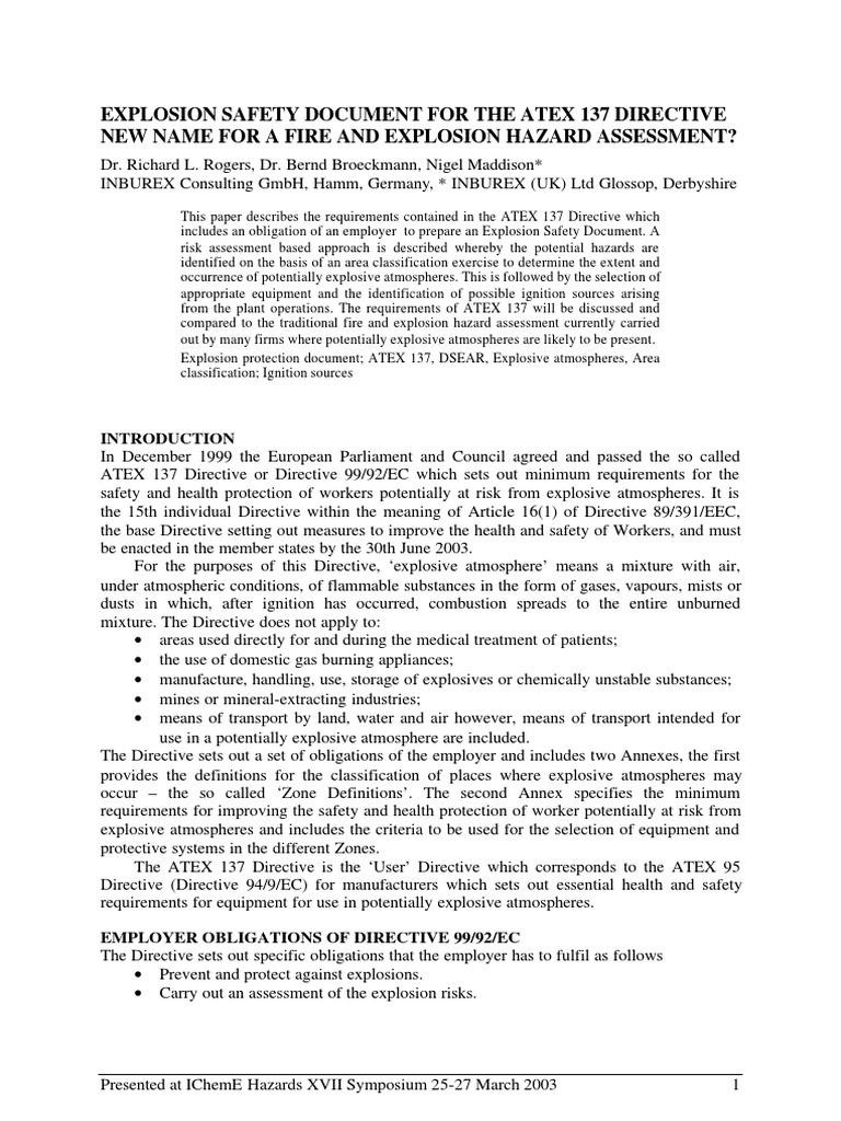Analysis of the Requirements and Correlation Between the ATEX 137 Directive for Employers and ...
