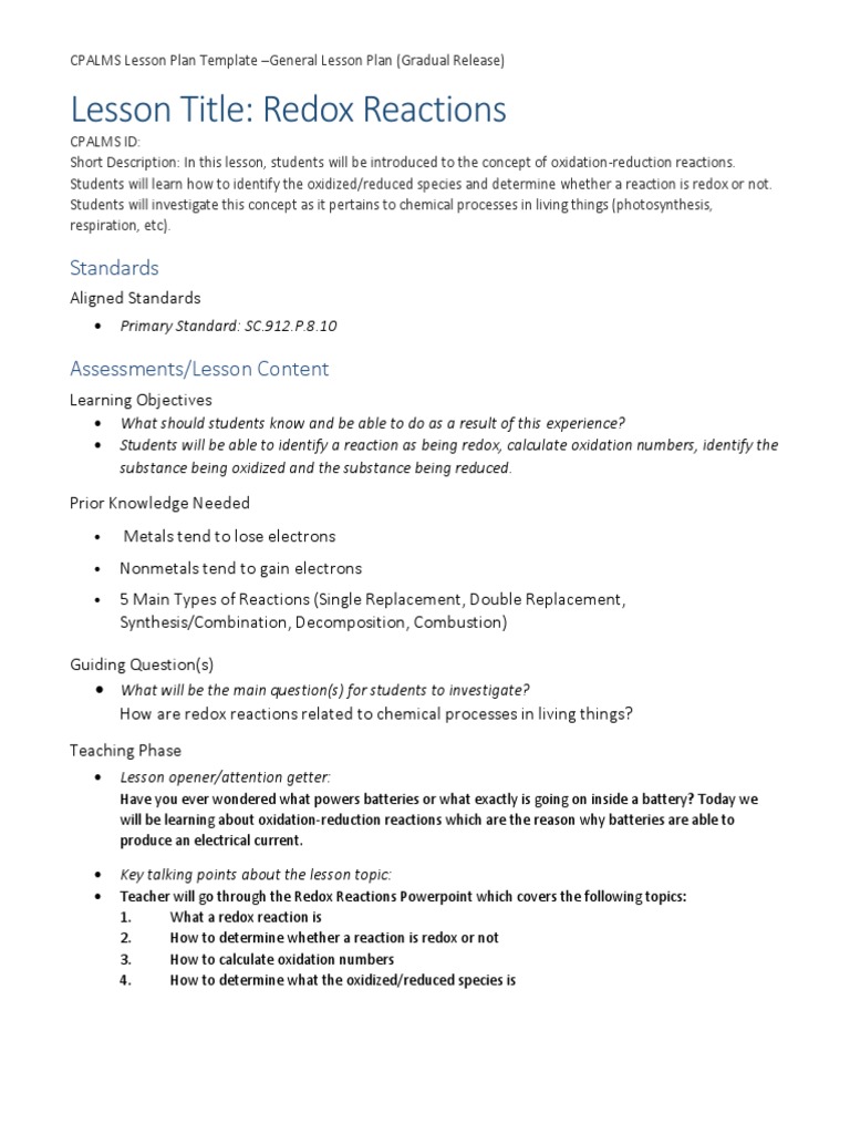 Gradual Release Lesson Plan | PDF | Redox | Chemical Reactions