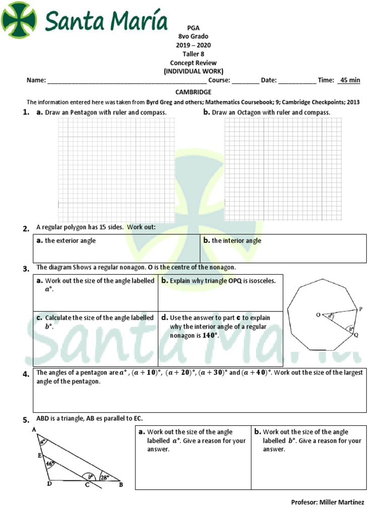 Geometría Taller 8 8vo 2019 2020 Quiz | PDF | Triangle | Angle