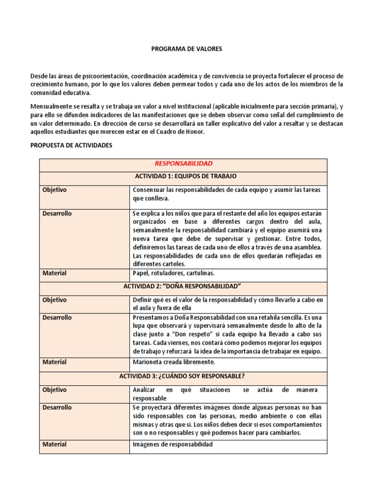 Programa de Valores | PDF | Cuentos | Tolerancia