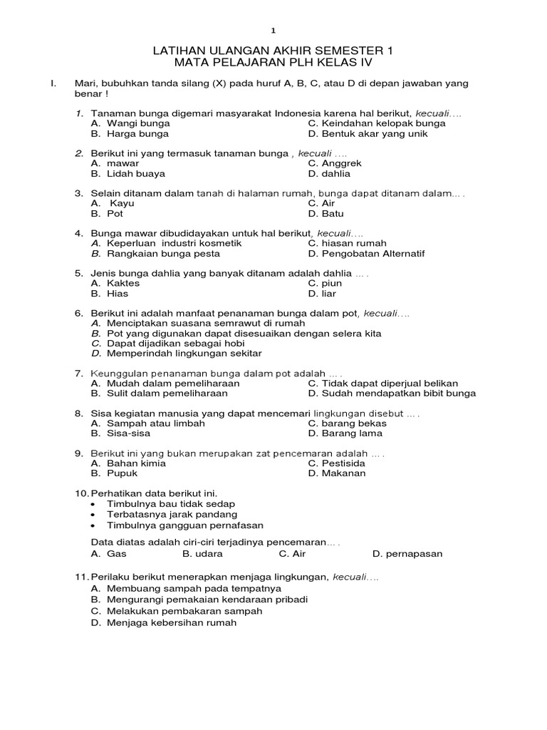 Latihan Soal PLH Kelas 4 | PDF