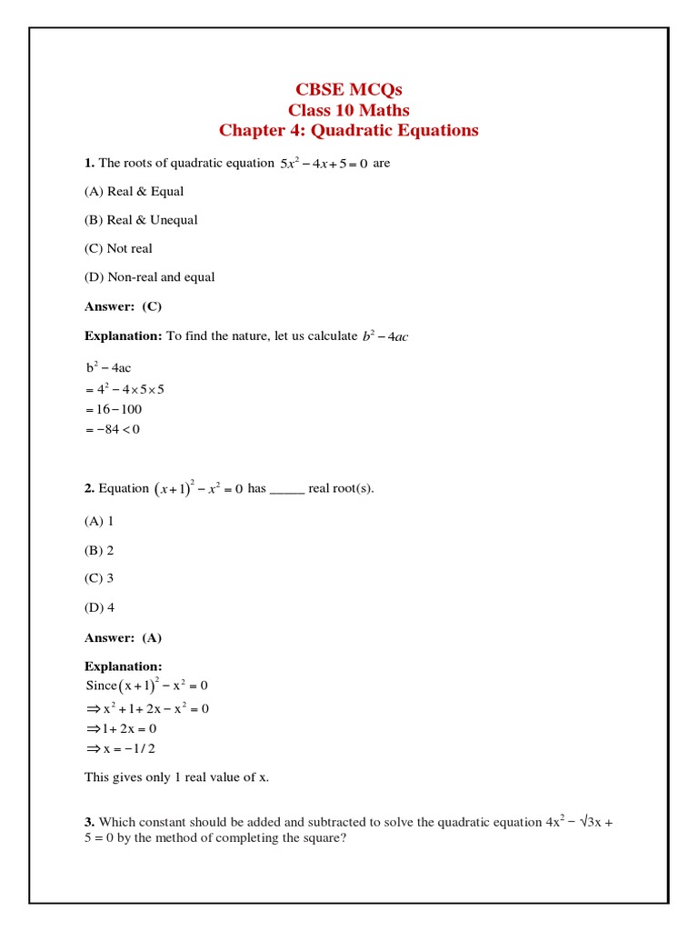 Cbse Class 10 Maths Chapter 4 Mcqs | Download Free PDF | Quadratic ...