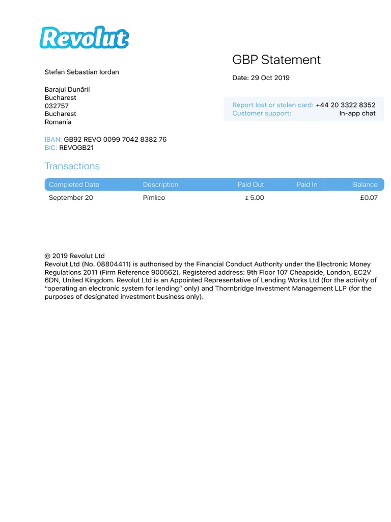 Revolut GBP Statement Pimlico | PDF