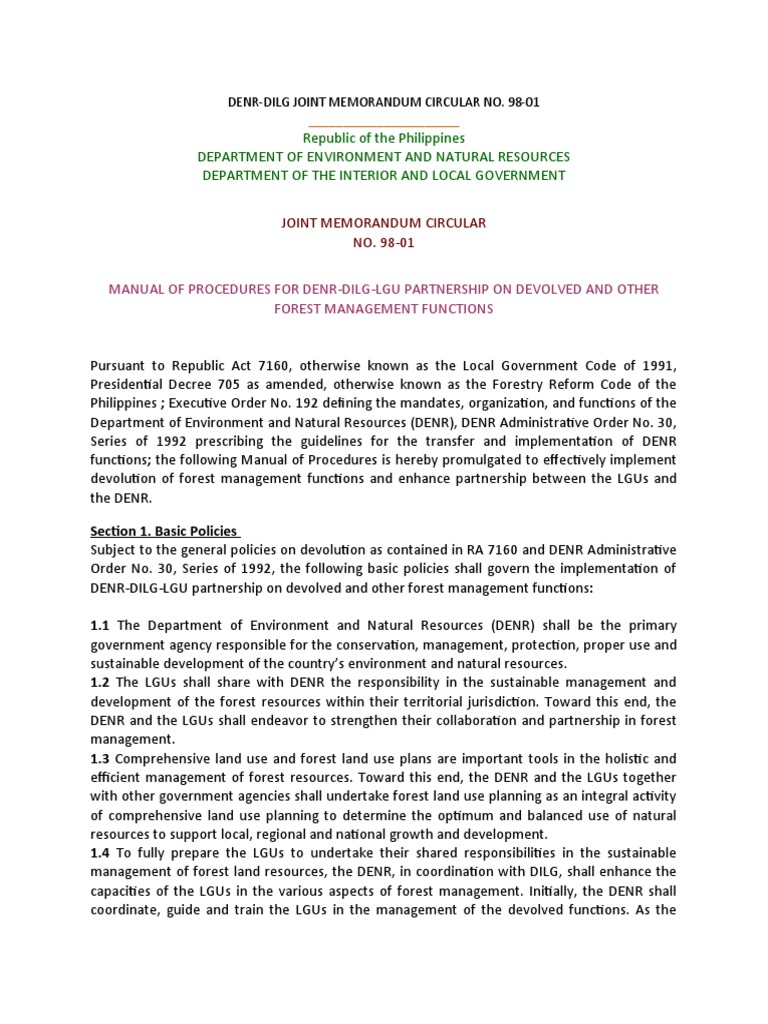 DENR-DILG Joint Memorandum Circular No. 98-01 | PDF | Justice | Devolution