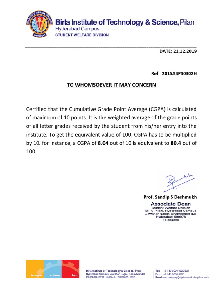 CGPA To % Conversion Certificate | PDF