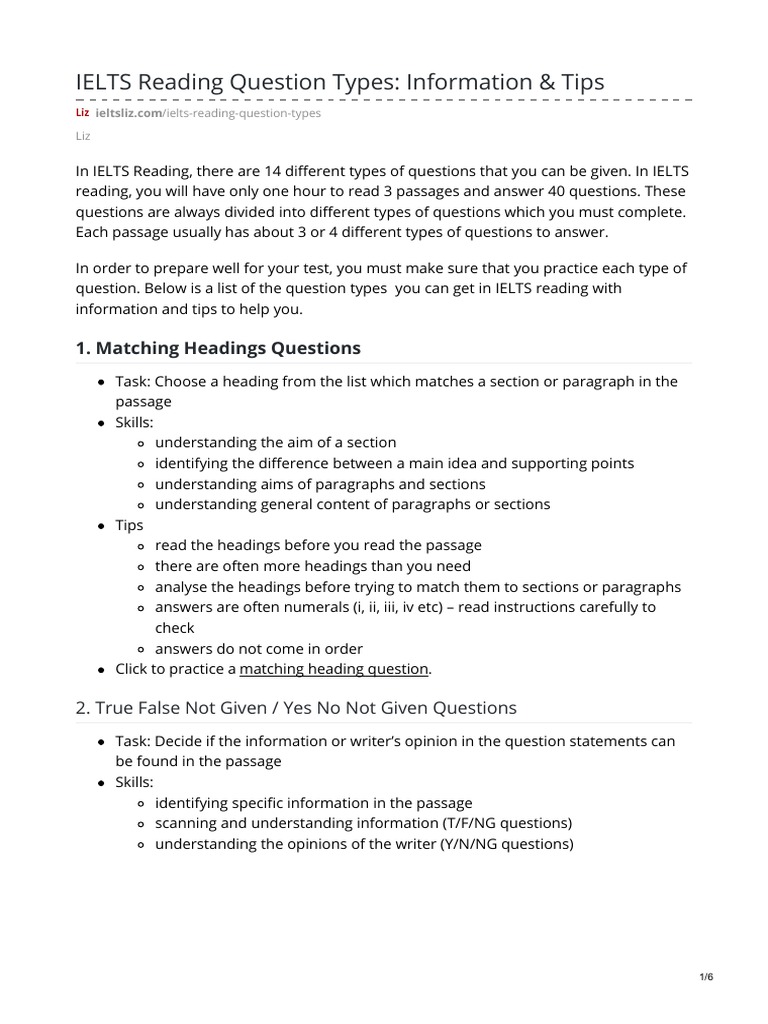 IELTS Reading Question Types Information Amp Tips | PDF | Question ...