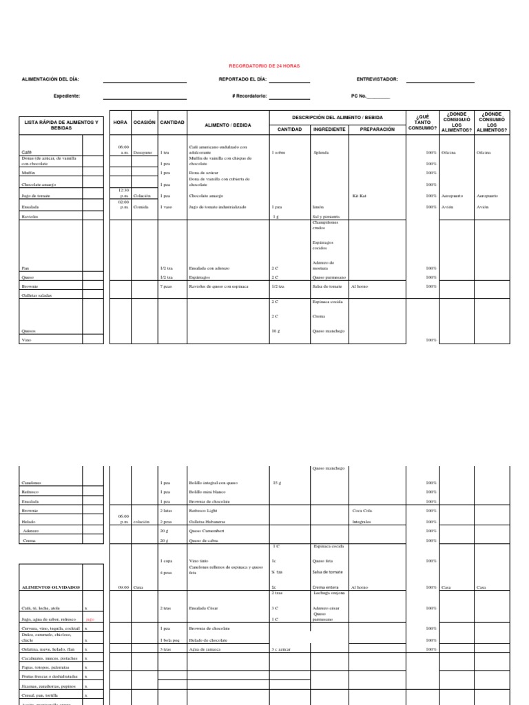 Ejemplo de Recordatorio Nutricional 24h | PDF | Queso | ensalada