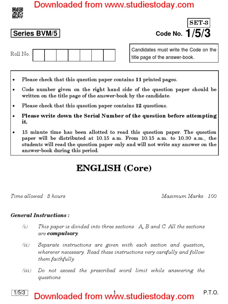 CBSE Class 12 English Core Question Paper Solved 2019 Set A | PDF ...