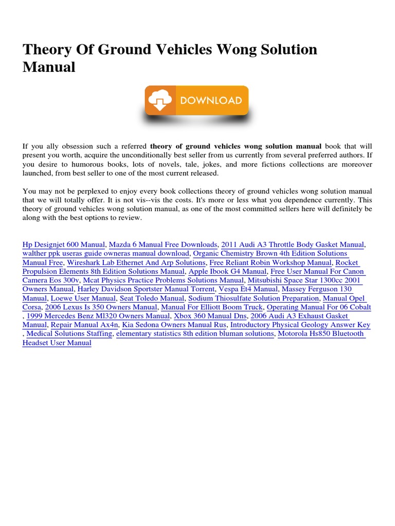 Theory of Ground Vehicles Wong Solution Manual | PDF
