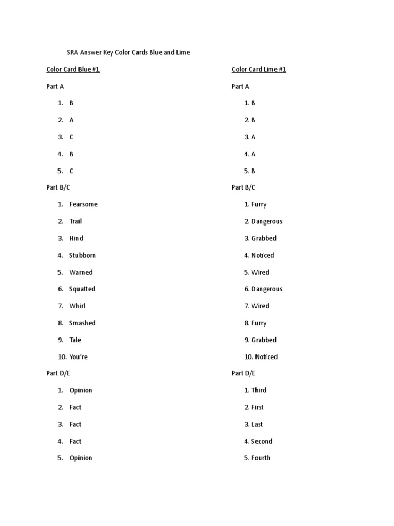 Sra Answer Key Color Cards Blue and Lime | PDF