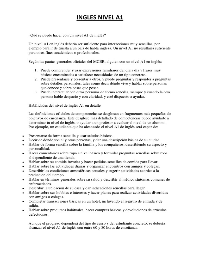 Ingles Nivel A1 | PDF | Idioma en Inglés | Maestros