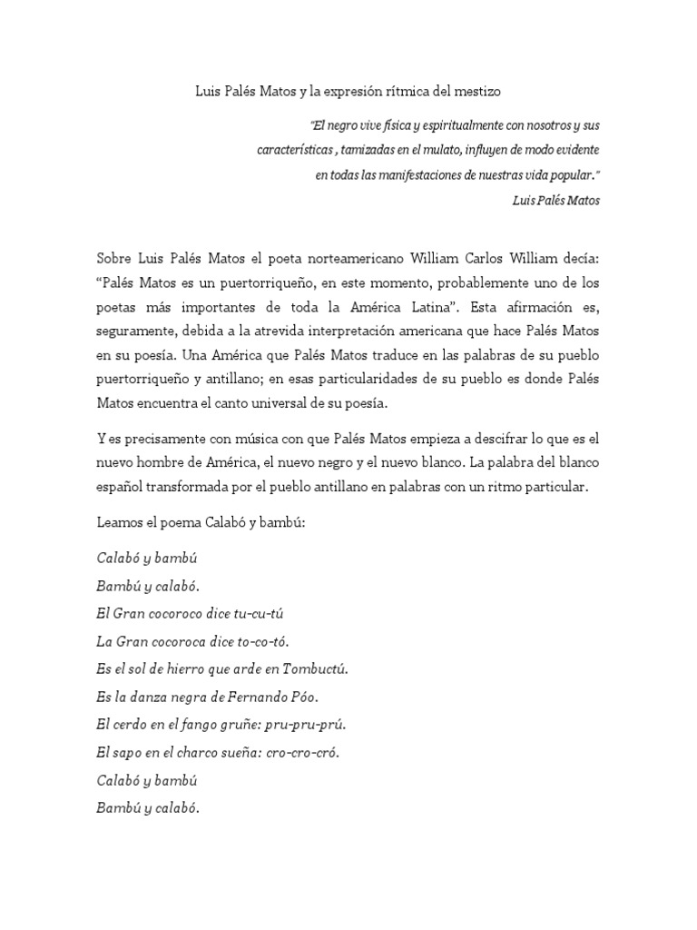 Luis Palés Matos y La Expresión Rítmica Del Mestizo | PDF | Ritmo ...
