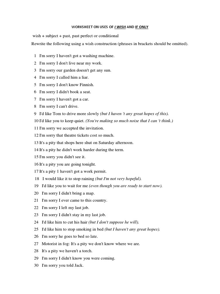 Worksheet On Uses of I Wish and If Only | PDF | Verb | Grammar